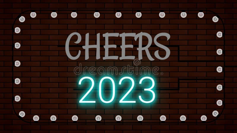 Cheers 2023 Blinking Word on Brick Wall with Blue and Pink Light Stock ...
