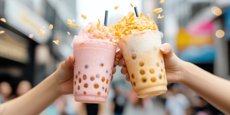 Cheers with Colorful Bubble Tea Topped with Crunchy Snacks Stock ...