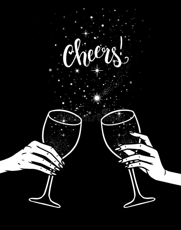 Cheers Wine Glass Vector Illustration With Brush Pen Handwritten Stock