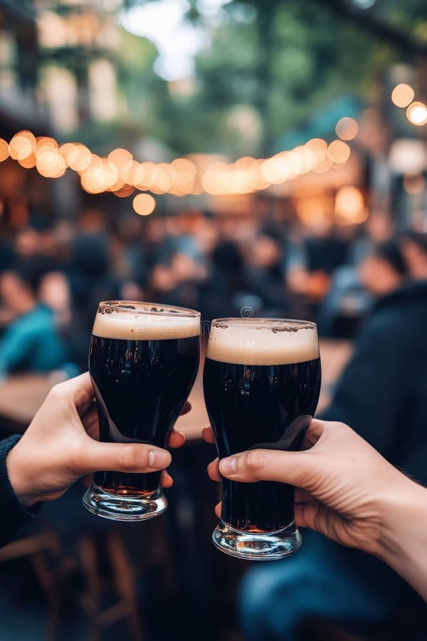 Cheers in a Lively Outdoor Bar with Dark Beers and Festive String ...