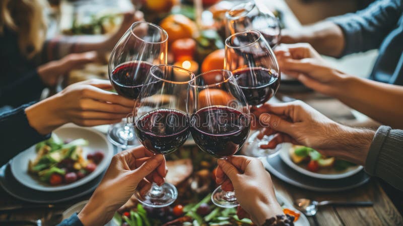 Cheers with Red Wine Glasses, Festive Dinner Gathering, Joyful ...