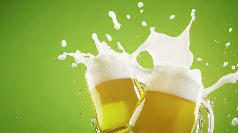 Cheers! Two Beers Clinking, Splashing, Green Background, Party Stock ...