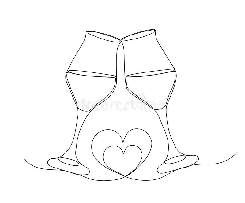 Cheers Continuous Line Drawing Of Two Glasses With Champagne Stock