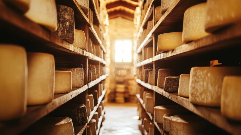 Cheese Aging a Rows of Wheels in Rustic Cellar with Sunlight Stock ...