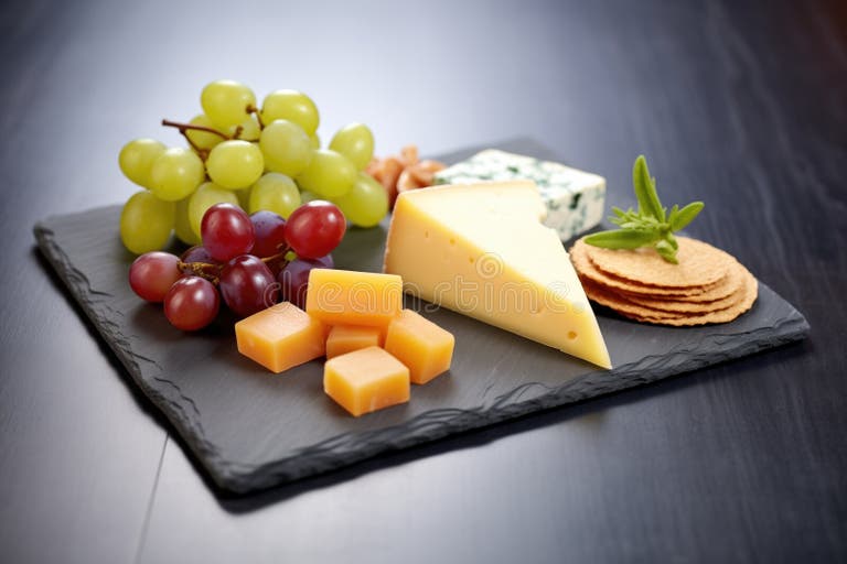 Cheese Assortment on Slate with Grapes Cluster Stock Photo - Image of ...