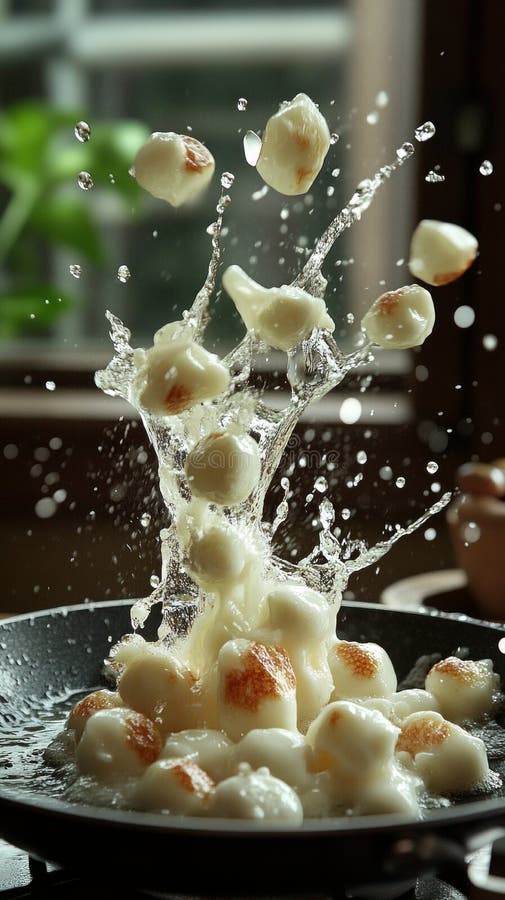 Cheese Balls are Being Dropped into a Frying Pan, Causing Water To ...