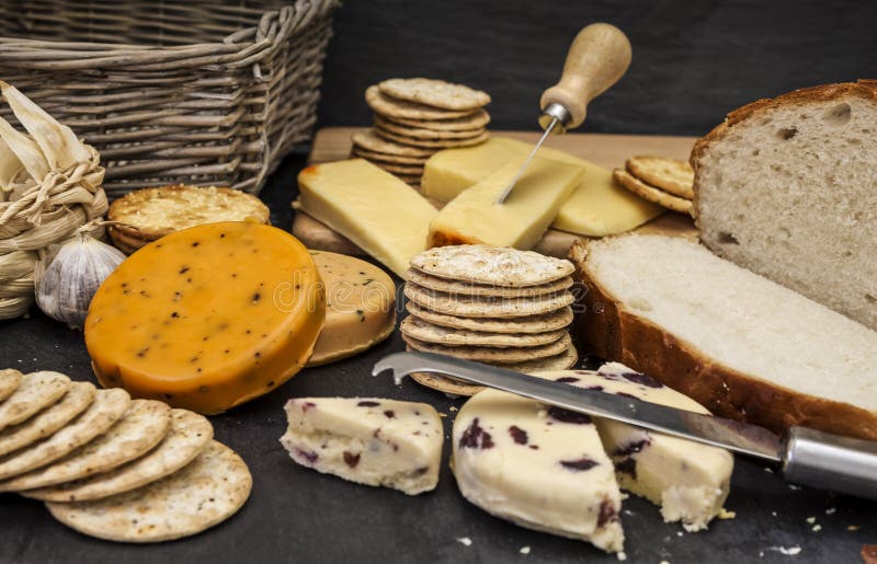 Cheese and Biscuits and Fresh Bread Stock Image - Image of piece ...