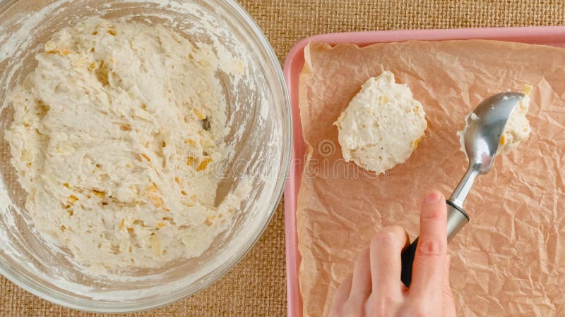 Cheese Biscuits Recipe, Baking Process. Woman Scooping Biscuit Daugh ...