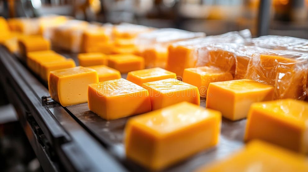 Cheese Blocks on Conveyor Belt in Dairy Processing Plant Stock Photo ...