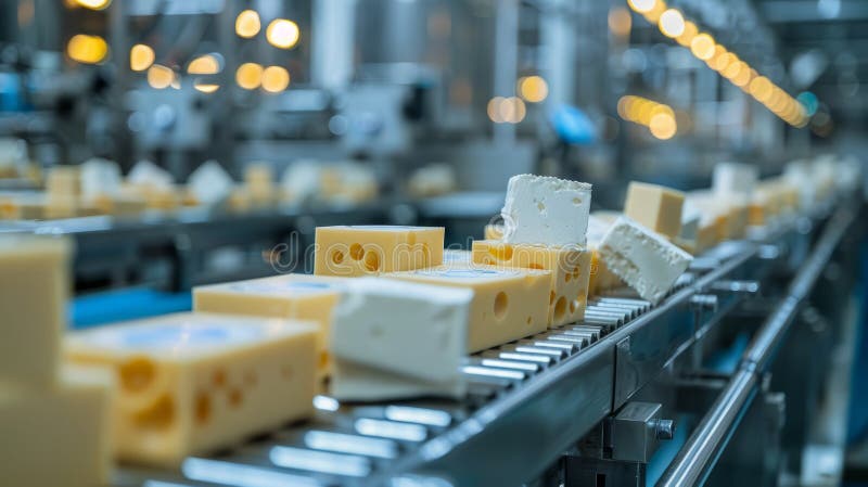 Cheese Blocks on a Factory Conveyor Belt. Stock Photo - Image of ...