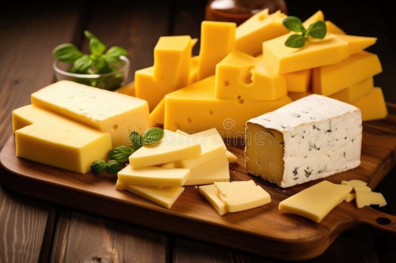 Cheese Blocks and Slices Displayed on a Board Stock Photo - Image of ...