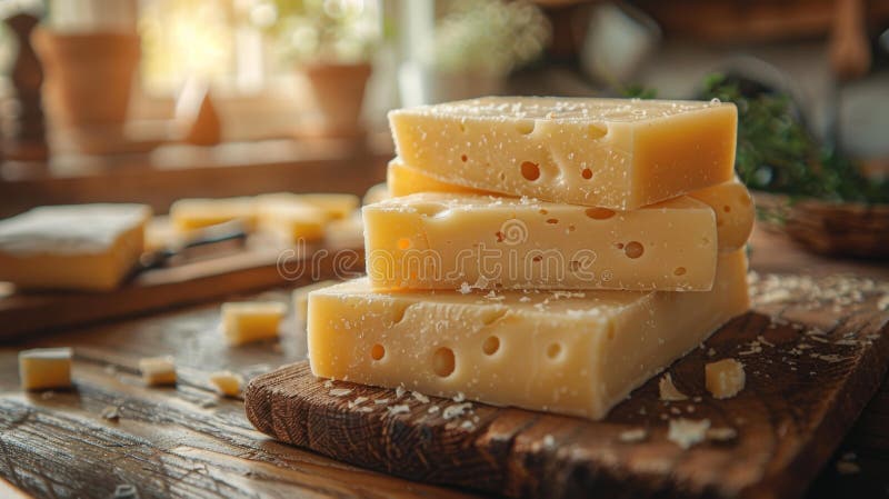 Cheese Blocks on Wooden Board in Rustic Kitchen - Generative Ai Stock ...