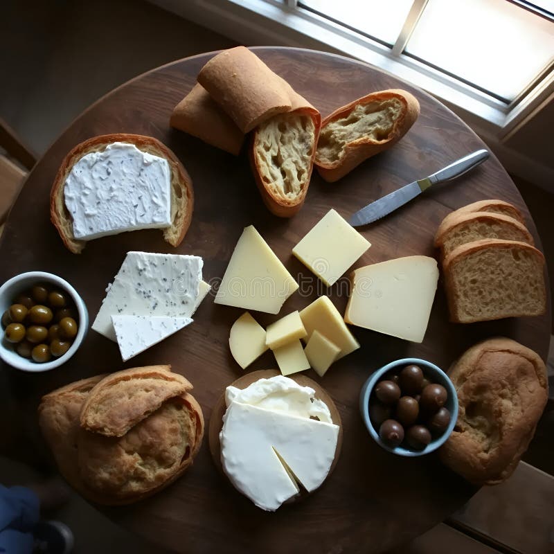Cheese Board with Artisan Bread and Olives on Wooden Table by Window ...