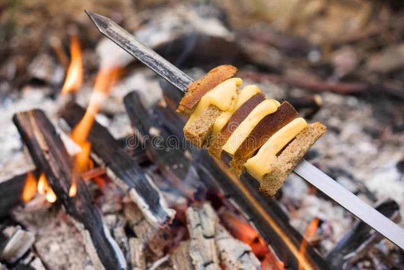 Cheese and Bread Roasted on the Fire Stock Image - Image of fried ...