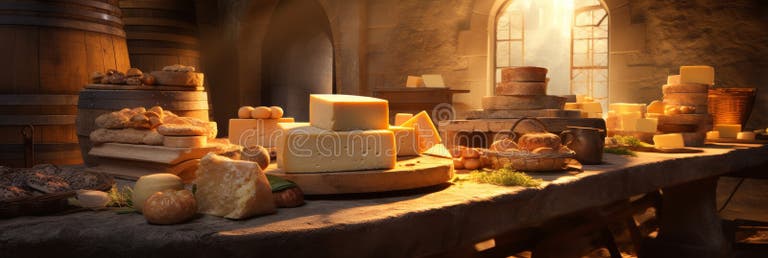 Cheese and Bread Spread in a Medieval Kitchen during Golden Hour ...