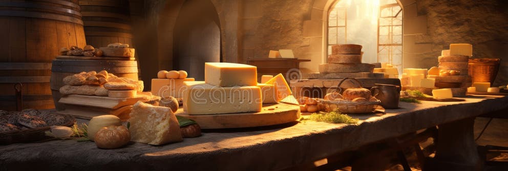 Cheese and Bread Spread in a Medieval Kitchen during Golden Hour ...
