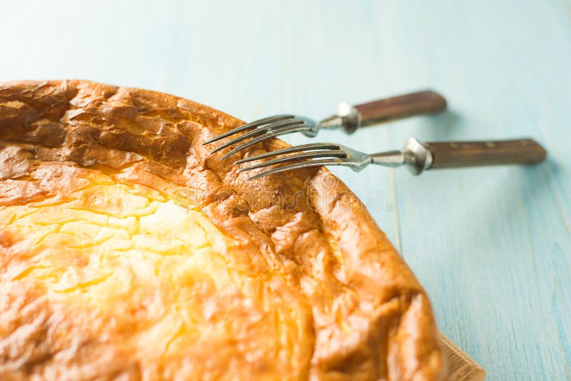 Cheese Cake and One Fork on Blue Stock Photo - Image of nourishment ...
