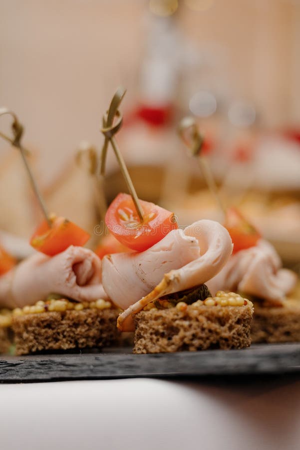 Cheese Canapes with Wine on Table. Catering Stock Photo - Image of ...