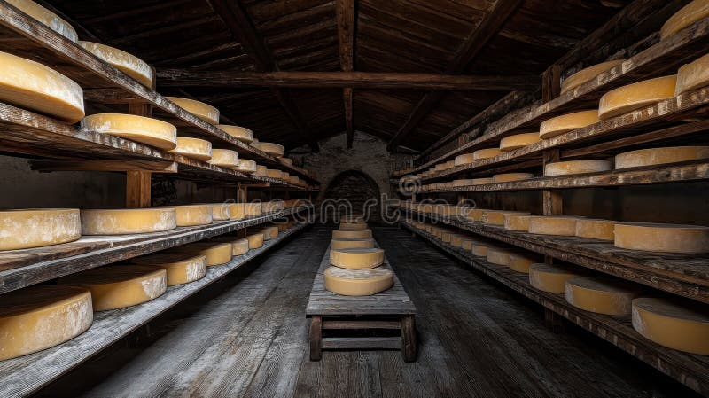 Cheese Cellar Wheels Aging on Wooden Racks in Vaulted Space Stock Photo ...