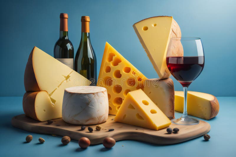 Cheese Collection, Bottle of Red Wine and Cheese on Blue Background ...
