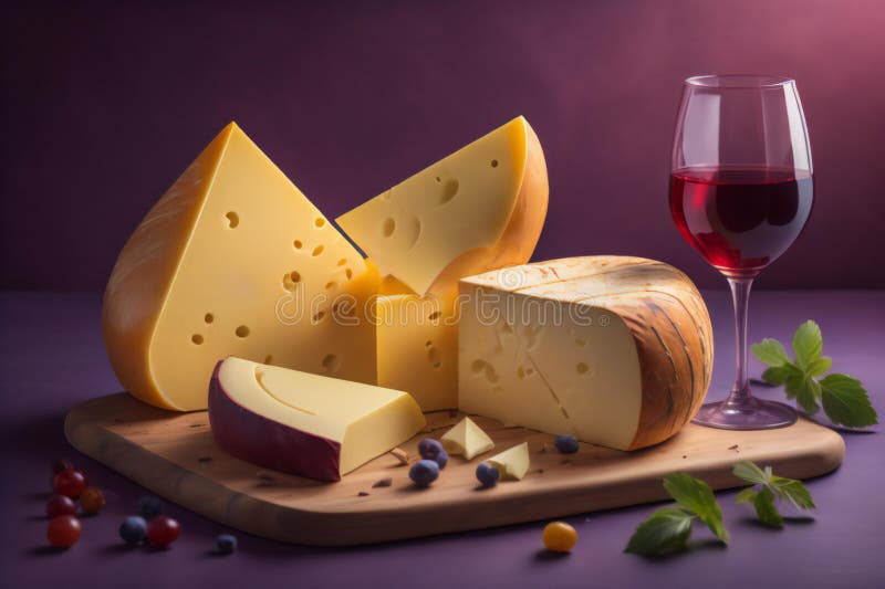 Cheese Collection, Red Wine and Blue Cheese on a Purple Background ...