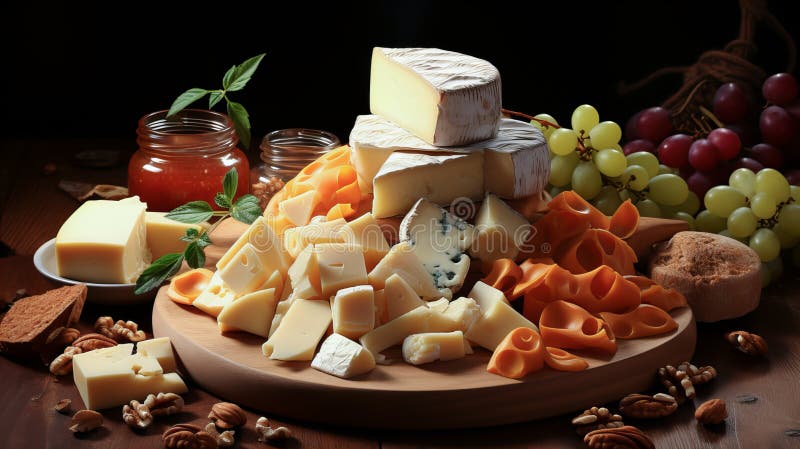 Cheese Collection, Various Types of Cheese Served on Wooden Board with ...