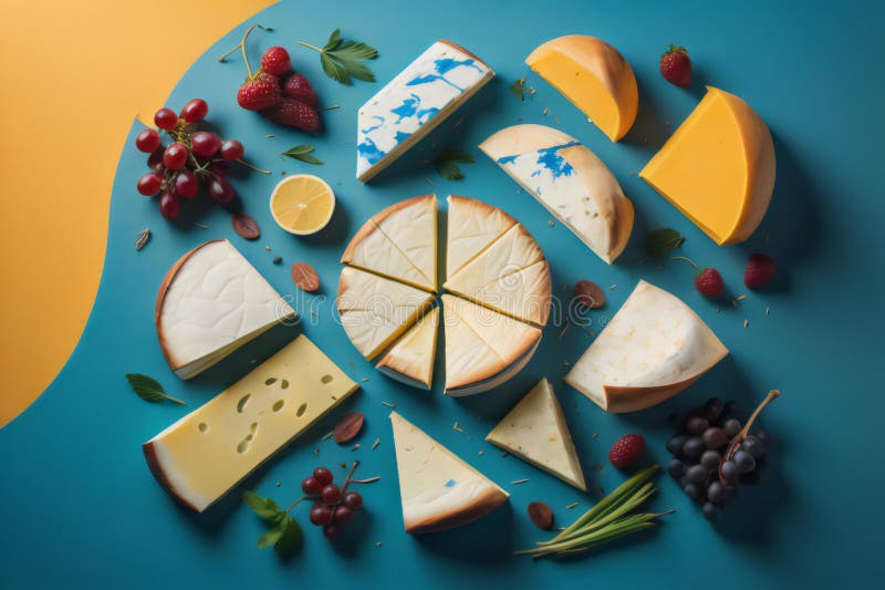 Cheese Composition. Assorted Cheeses on Blue Background. Top View Stock ...
