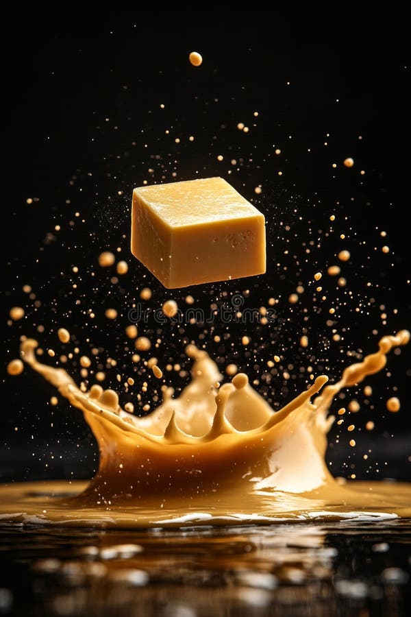 A Cheese Cube Dramatically Interacts with Liquid, Creating a Cascade of ...