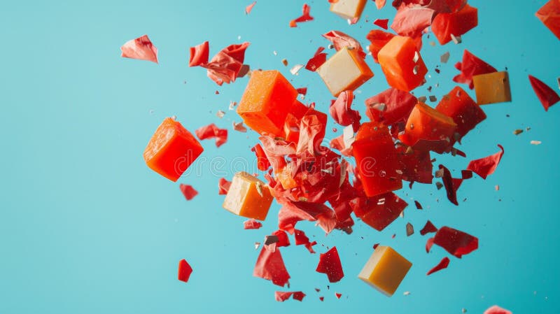 Cheese Cubes and Red Wrappers Exploding Mid-air on Blue Background ...
