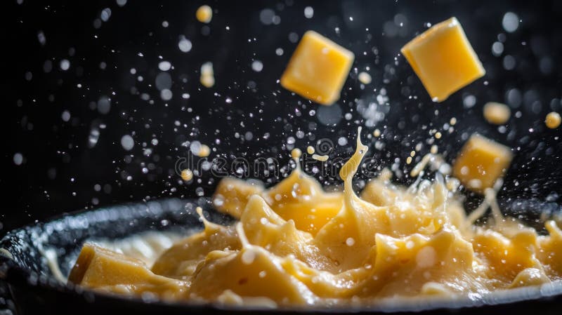 Cheese Cubes Splashing into a Creamy Liquid in a Pan Stock Photo ...