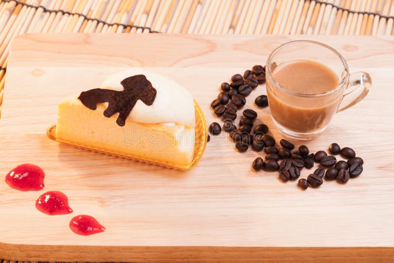 Cheese Custard Cake and Cup of Coffee on Wood. Stock Image - Image of ...