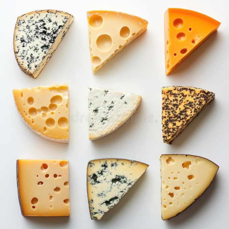 Different Slices of Cheese on White Background, Aesthetic Food Composition Stock Illustration ...