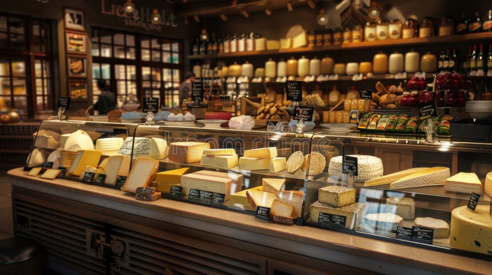 Cheese Display in a Gourmet Shop Stock Photo - Image of emmental, edam ...