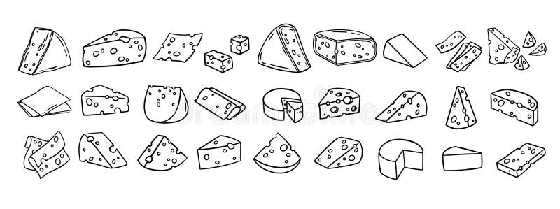 Cheese Doodle Hand Drawn Line Icon Set. Different Piece Slice Cheese ...