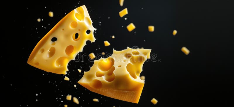 Cheese Explosion with Flying Pieces, Yellow Cheese Block, Holes, Black ...