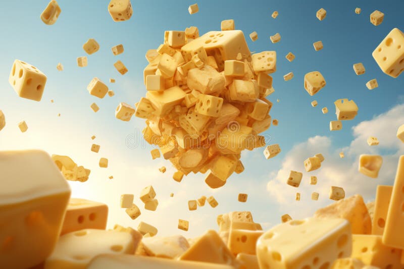 Cheese Falling into the Air with Flying Pieces on Blue Sky Background ...