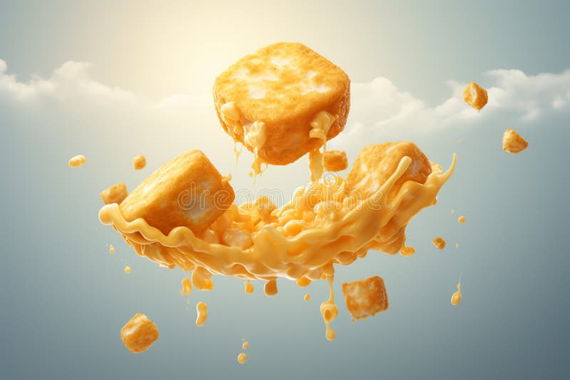 Cheese Falling into the Air with Flying Pieces on Blue Sky Background ...