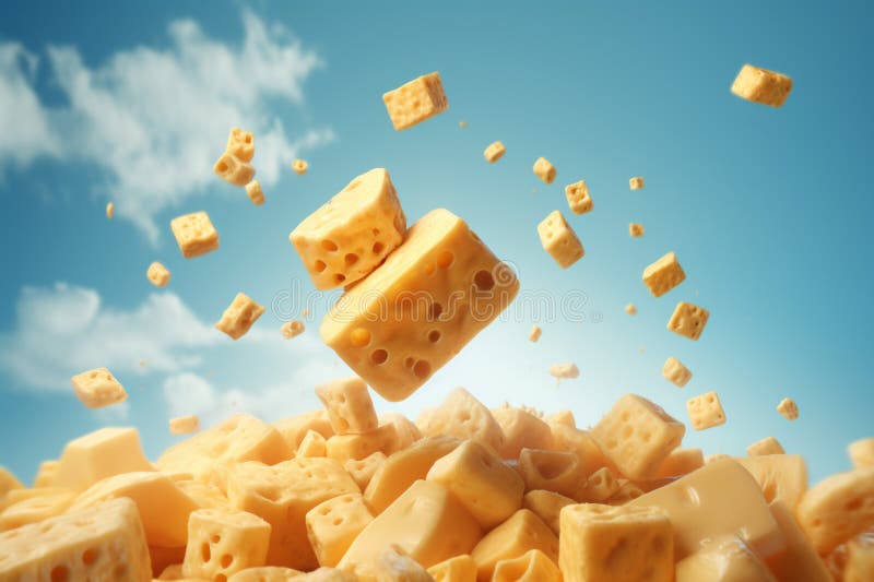 Cheese Falling into the Air with Flying Pieces on Blue Sky Background ...