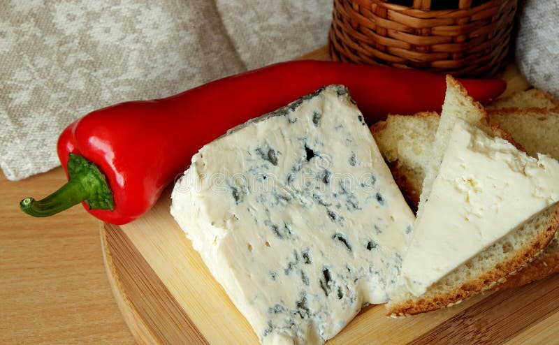 Cheese, Fresh Bread and Red Pepper Stock Photo - Image of refreshment ...