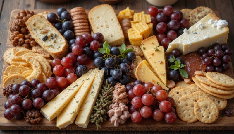 Cheese and Fruit Platter with Assorted Crackers Presented on a Wooden ...