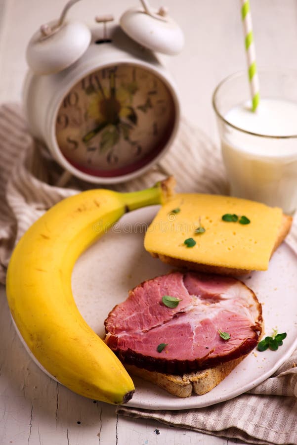 Cheese and Ham Sandwiches and Milk.Healthy Breakfast Stock Image ...
