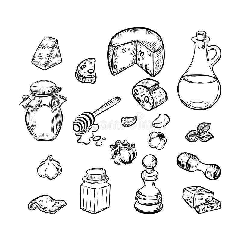 Cheese and Kitchen Utensils Line Drawing Stock Vector - Illustration of ...