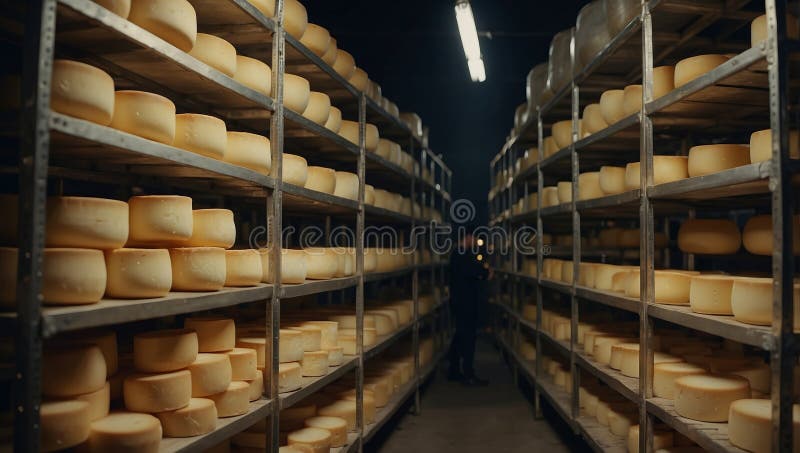 Cheese Maker at the Storage with Shelves Full of Cow and Goat Cheese ...