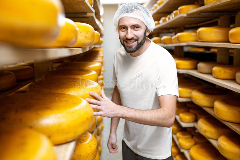 Cheese Maker at the Cheese Storage Stock Photo - Image of round, gauda ...