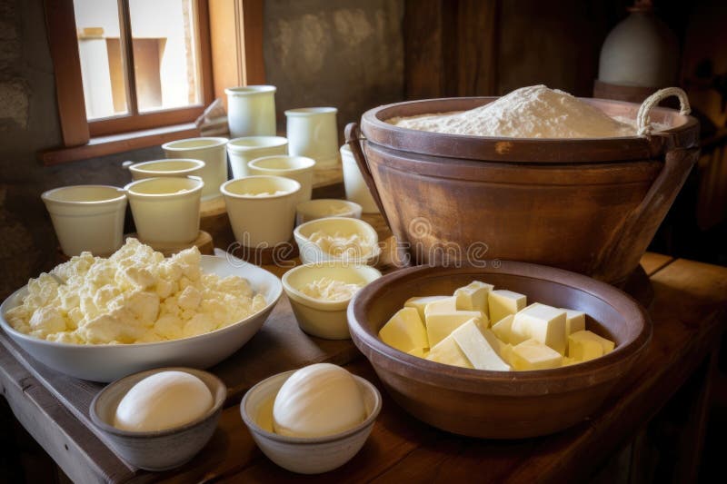 Cheese Making Process with Curds and Whey in Bowls Stock Illustration ...
