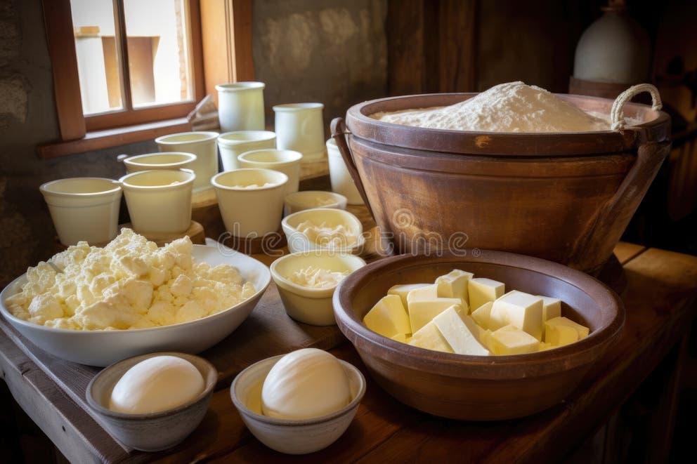 Cheese Making Process with Curds and Whey in Bowls Stock Illustration ...