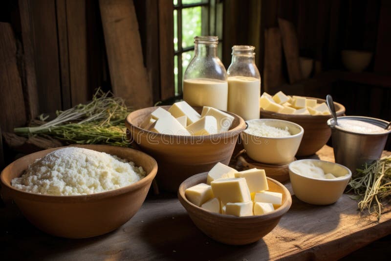 Cheese Making Process with Curds and Whey in Bowls Stock Illustration ...