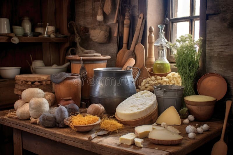 Cheese-making Tools and Ingredients on Rustic Table Stock Illustration ...