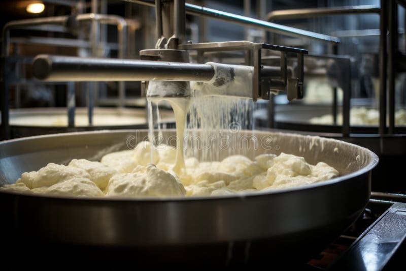 Cheese Mass Production in a Large Metal Bowl, Close Up Stock Image ...