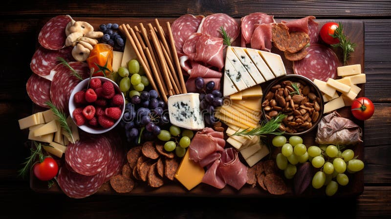 Cheese and Meat Platter with Nuts and Dried Fruits Stock Illustration ...